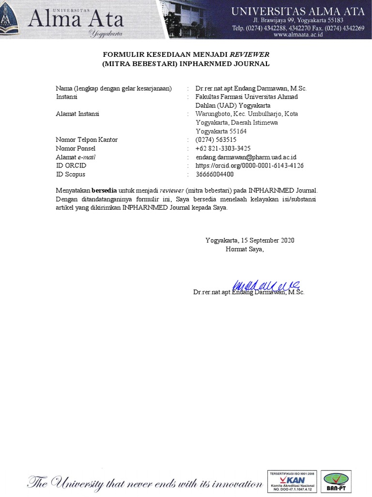Formulir Kesediian Reviewer INPHARNMED Journal - DR - Endang Darmawan ...