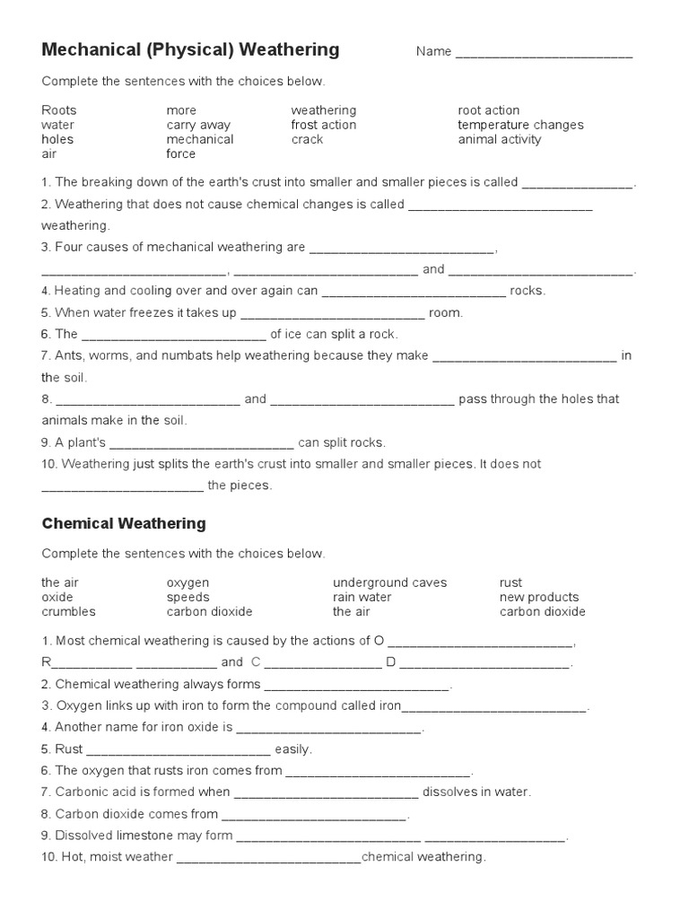 Weathering Worksheet | PDF | Weathering | Earth Sciences