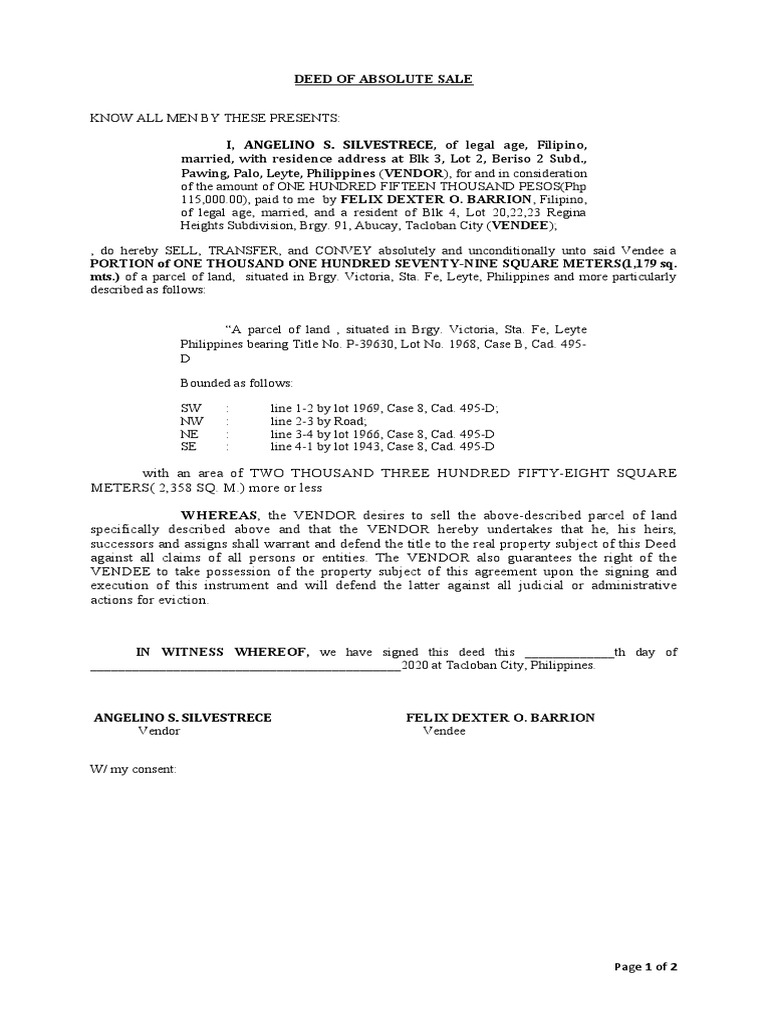 Transfer of Ownership: Deed of Absolute Sale Conveying Portion of Land ...