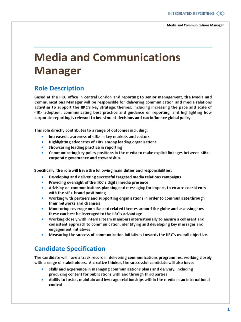 Media and Communications Manager: Role Description | PDF | Mass Media ...