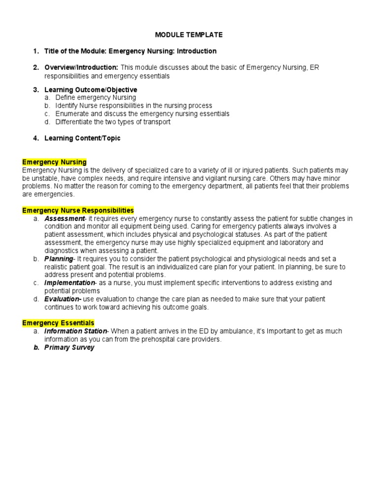 Module1 Emergency Basic | PDF | Nursing | Patient