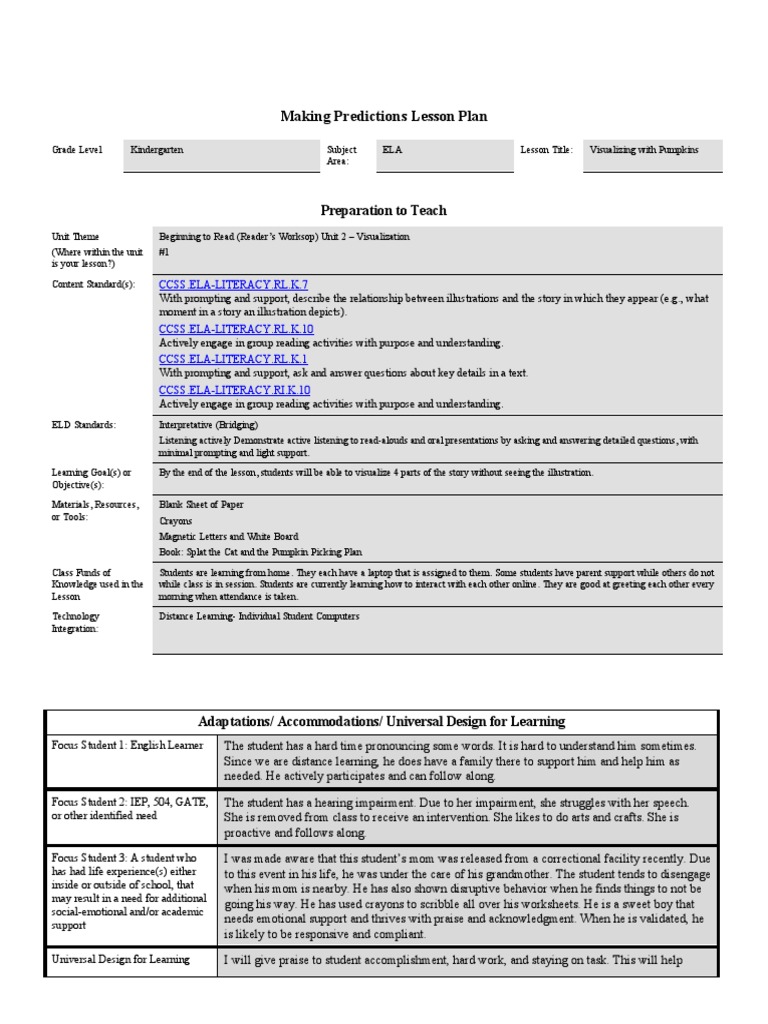 Making Predictions Lesson Plan: Preparation To Teach | PDF | Lesson ...