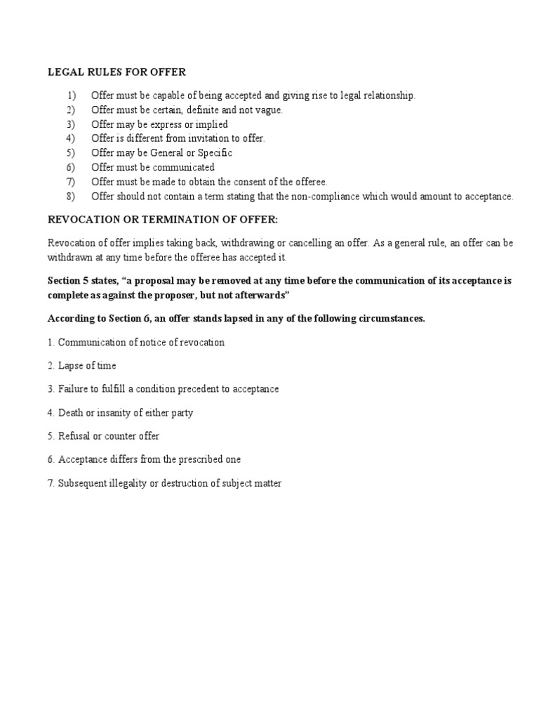 Legal Rules For Offer, Acceptance and Consideration | PDF ...