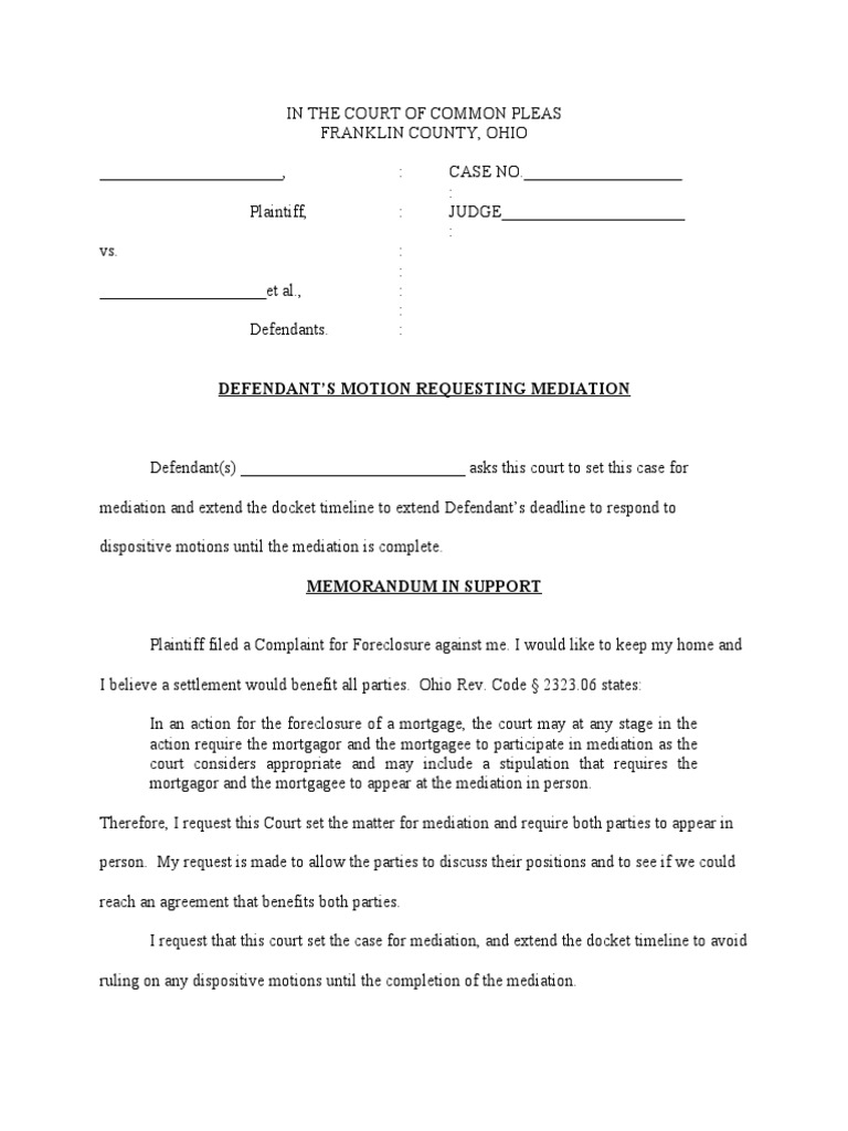 Defendant's Mediation Motion in Foreclosure | PDF | Complaint ...