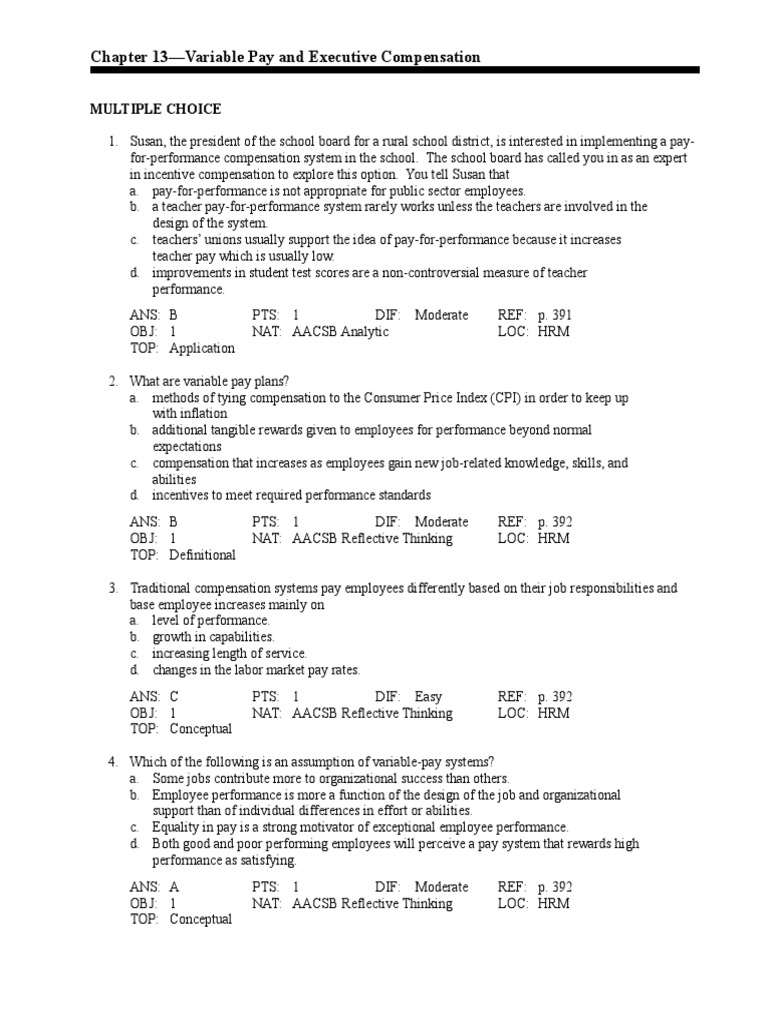 Chapter 13-Variable Pay and Executive Compensation: Multiple Choice ...