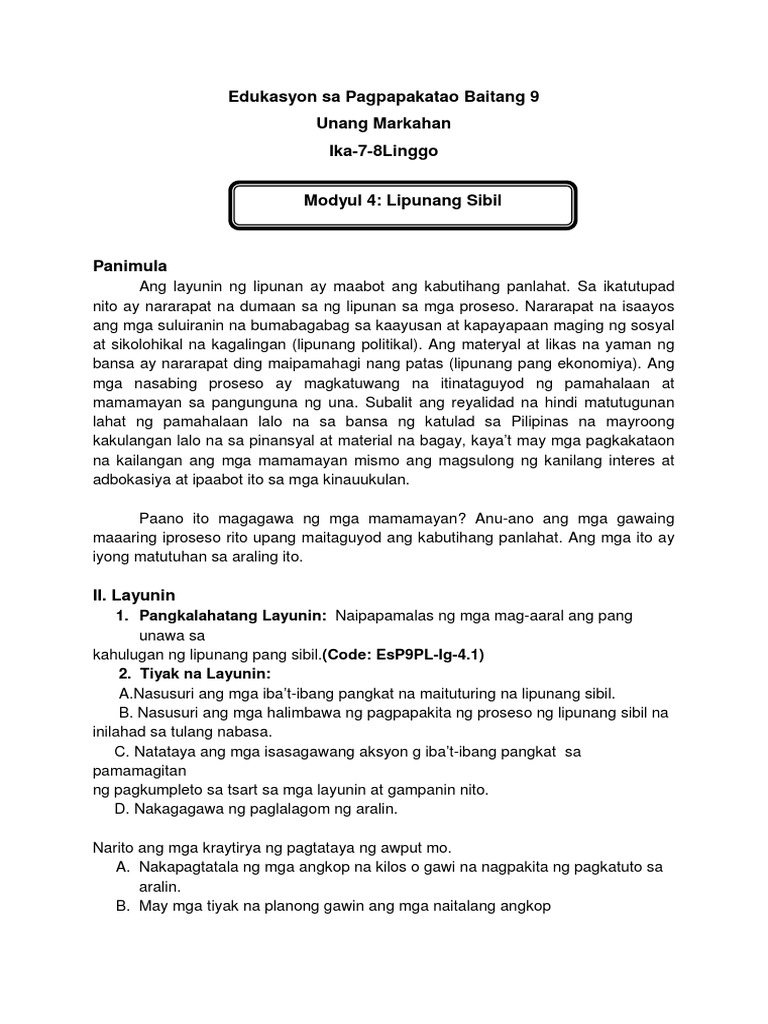 EsP 9 - Q1 - W7-W8 - Mod4 - Lipunang Sibil PDF | PDF