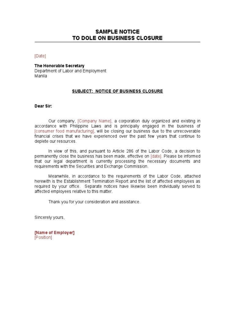Sample Notice To Dole On Business Closure: (Date) | PDF