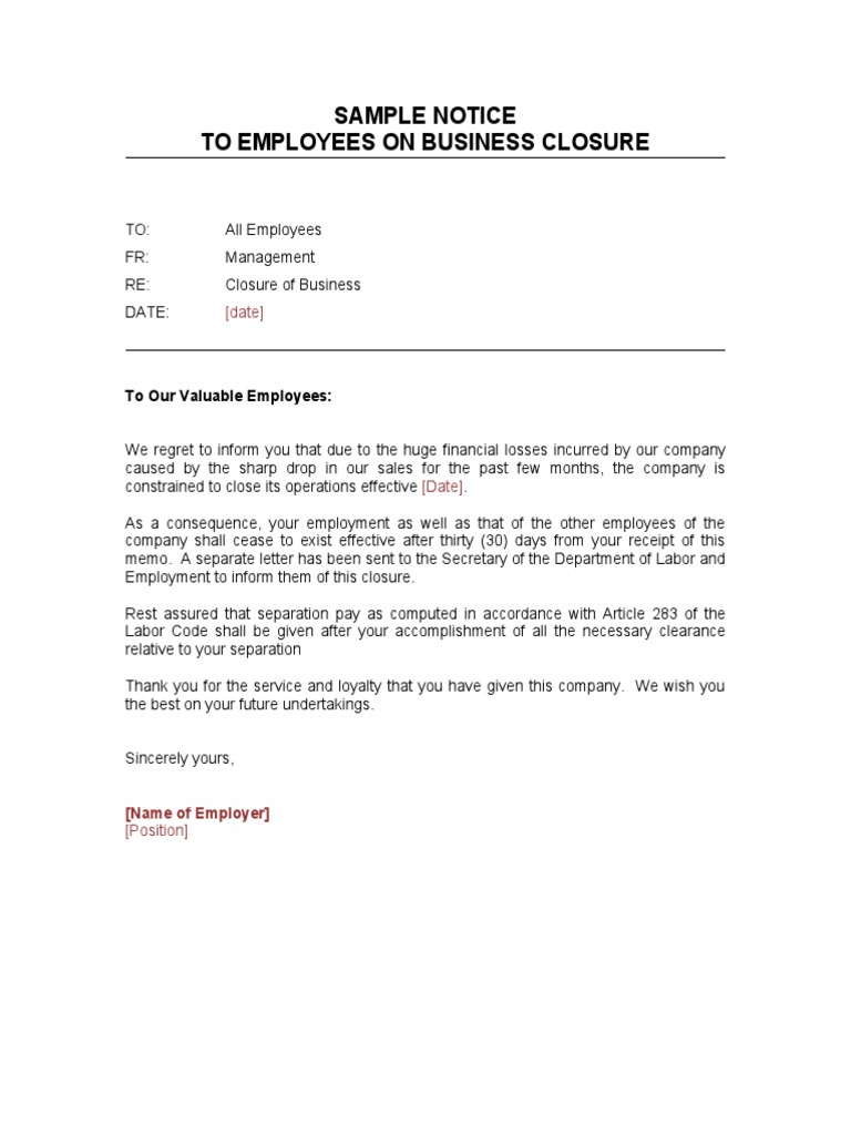 F0020 Memo To All Employees Re Business Closure | PDF