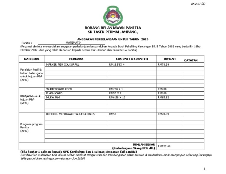 Borang Belanjawan Panitia SK Tasek Permai, Ampang,: Anggaran Perbelanjaan Untuk Tahun 2019 | PDF