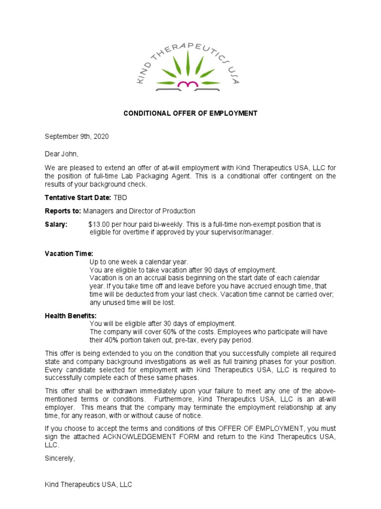 Conditional Offer of Employment | PDF | At Will Employment | Accrual