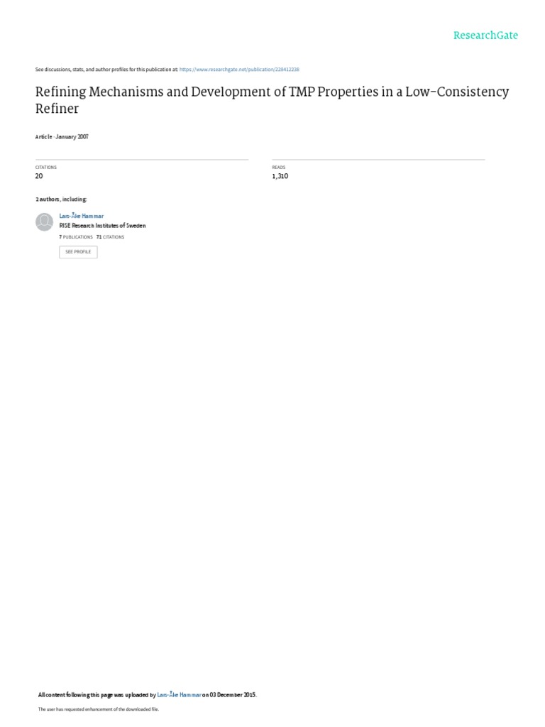 Low-Consistency Refining in TMP | PDF | Pulp (Paper) | Pressure