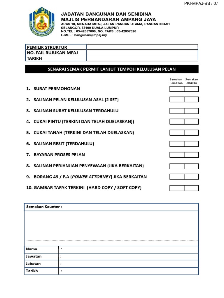 MPAJ BGN Borang - Senarai - Semak - Lanjut - Tempoh - Kelulusan - Pelan ...