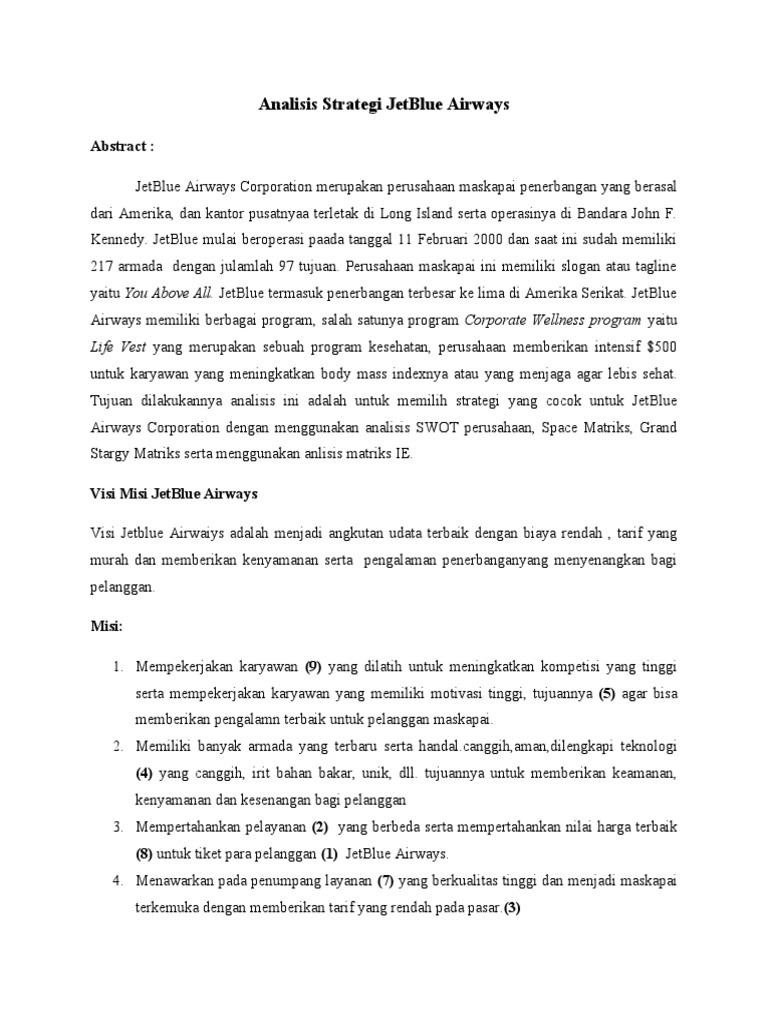 Strategi JetBlue Airways dan Analisis SWOT | PDF