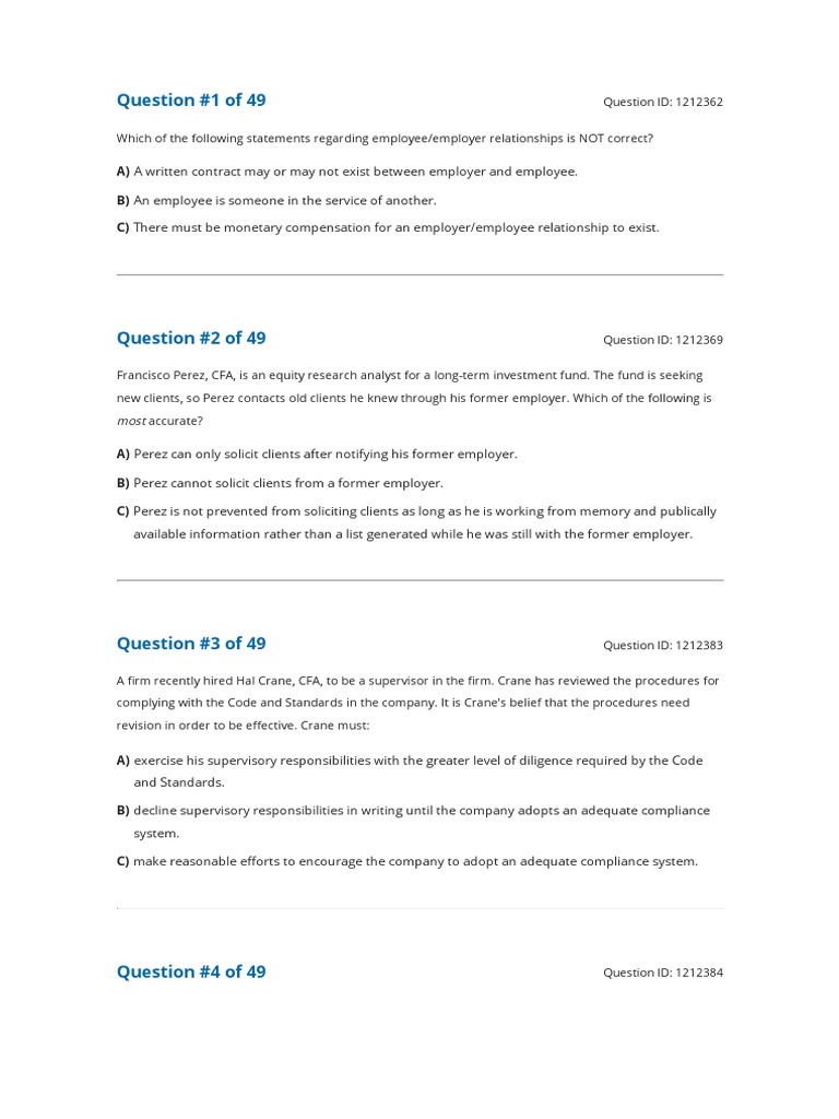 CFA Ethics and Professional Conduct Quiz | PDF | Financial Analyst ...