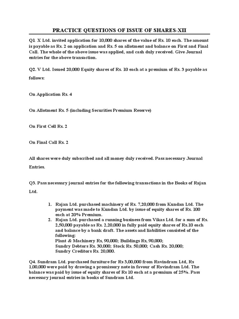 Practice Questions of Issue of Shares | Download Free PDF | Equity ...