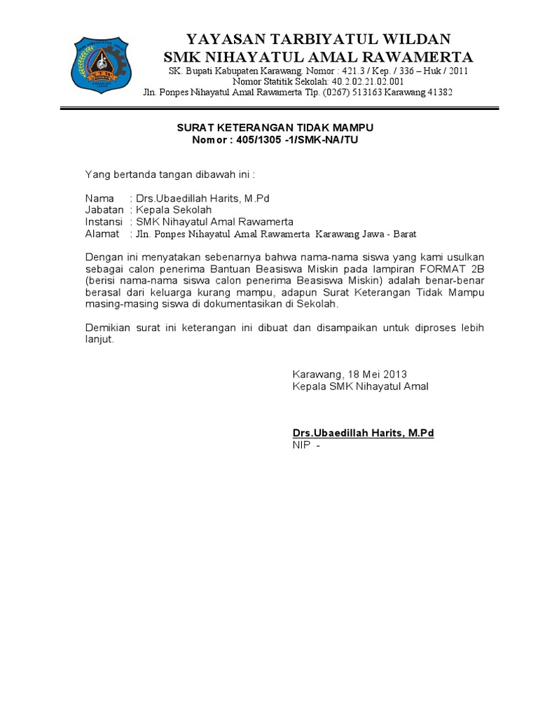 FORMAT 2C Surat Keterangan Tidak Mampu - SKTM | PDF