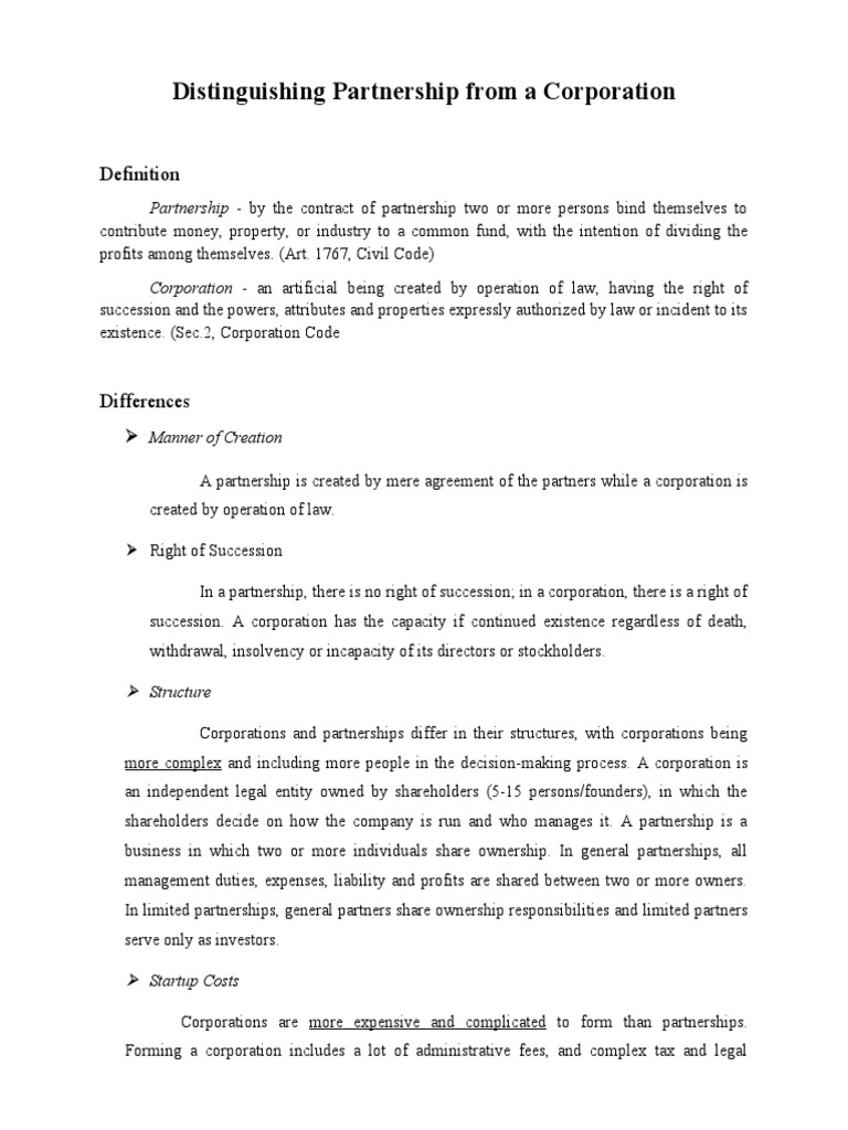 Differences Between A Partnership And Corporation Pdf Partnership
