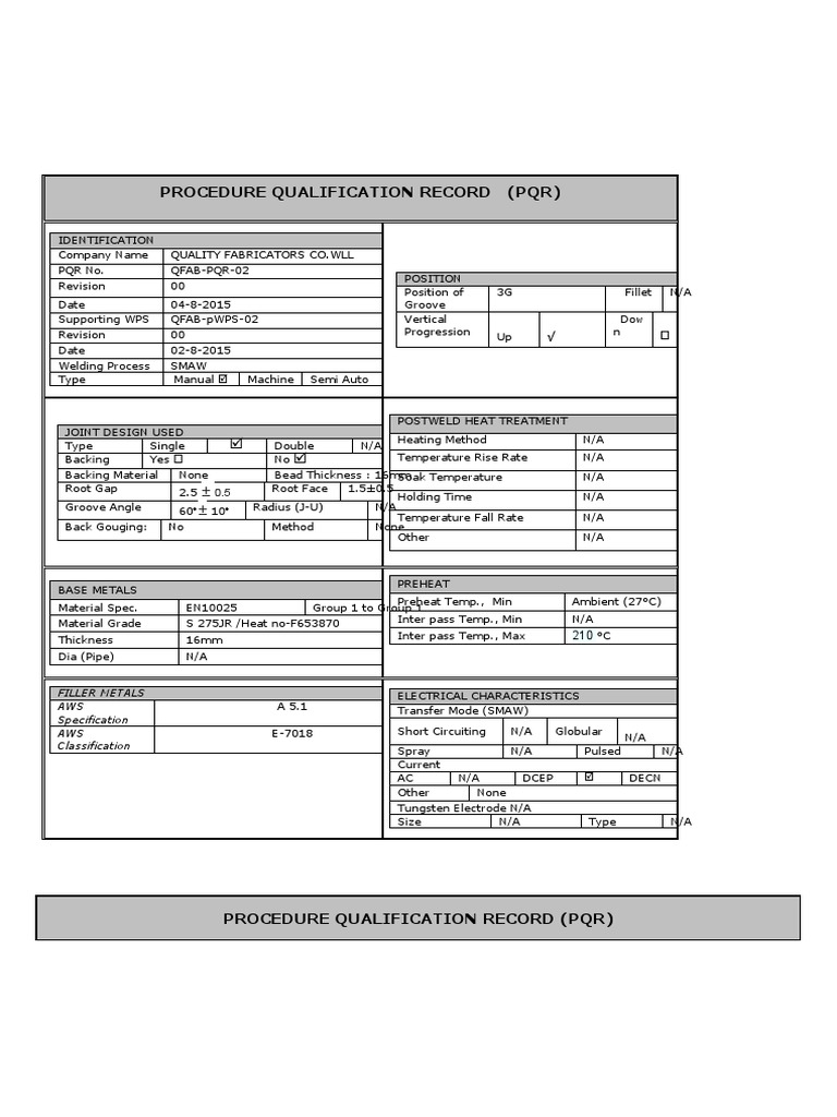 Procedure Qualification Record (PQR) : Filler Metals AWS Specification ...
