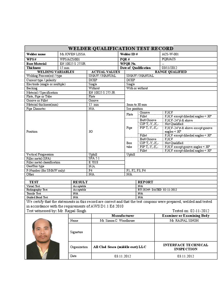 Wqt-1-13-W-1-3g-Smaw-Alclad-Aws D1.1 | PDF | Welding | Construction