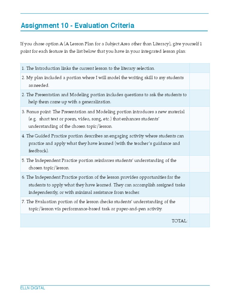 Assignment 10 - Evaluation Criteria: Elln Digital | PDF | Lesson Plan ...