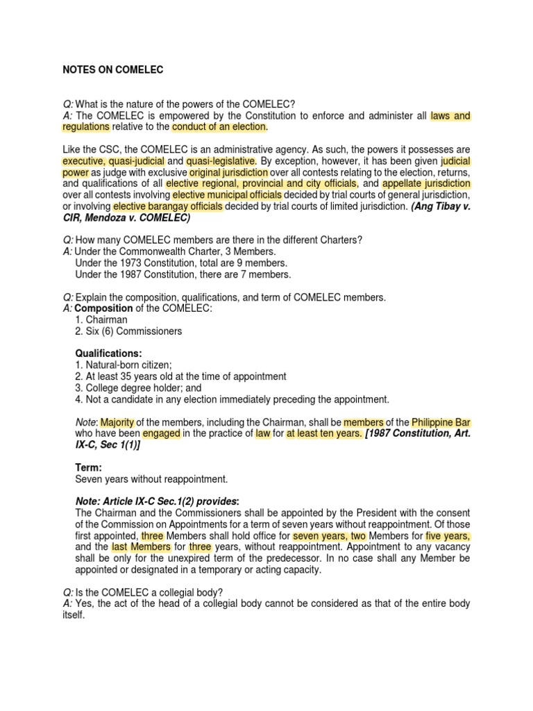 Notes On Comelec: CIR, Mendoza v. COMELEC) | PDF | Commission On ...
