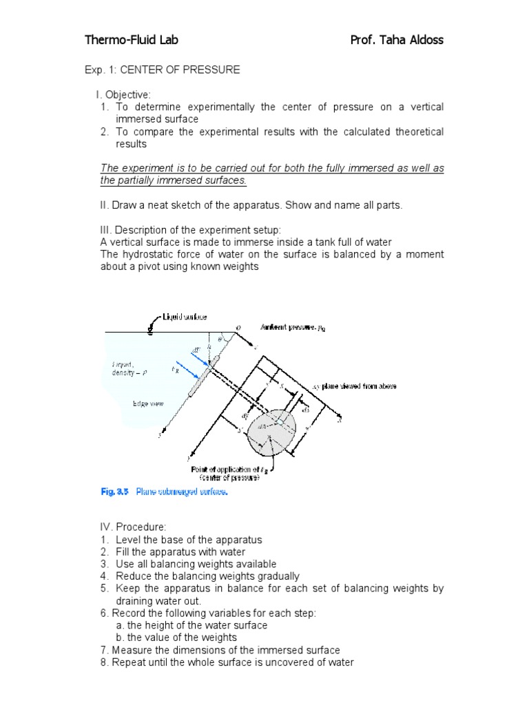 Thermo-Fluid Lab Prof. Taha Aldoss | PDF | Pressure | Experiment