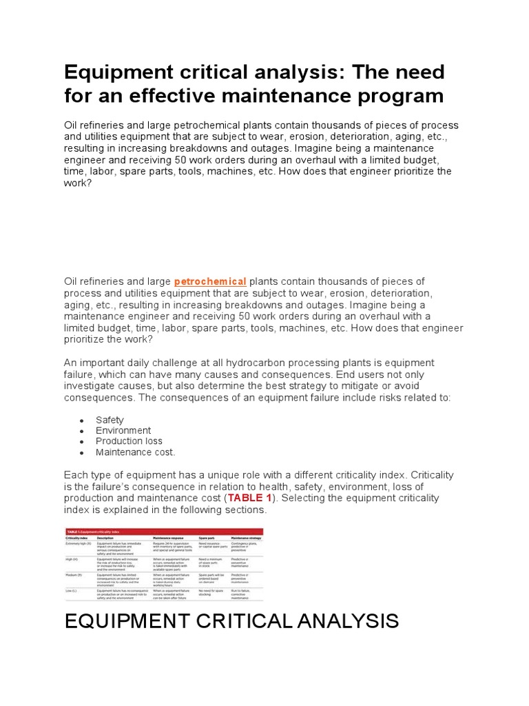Equipment Critical Analysis: The Need For An Effective Maintenance ...