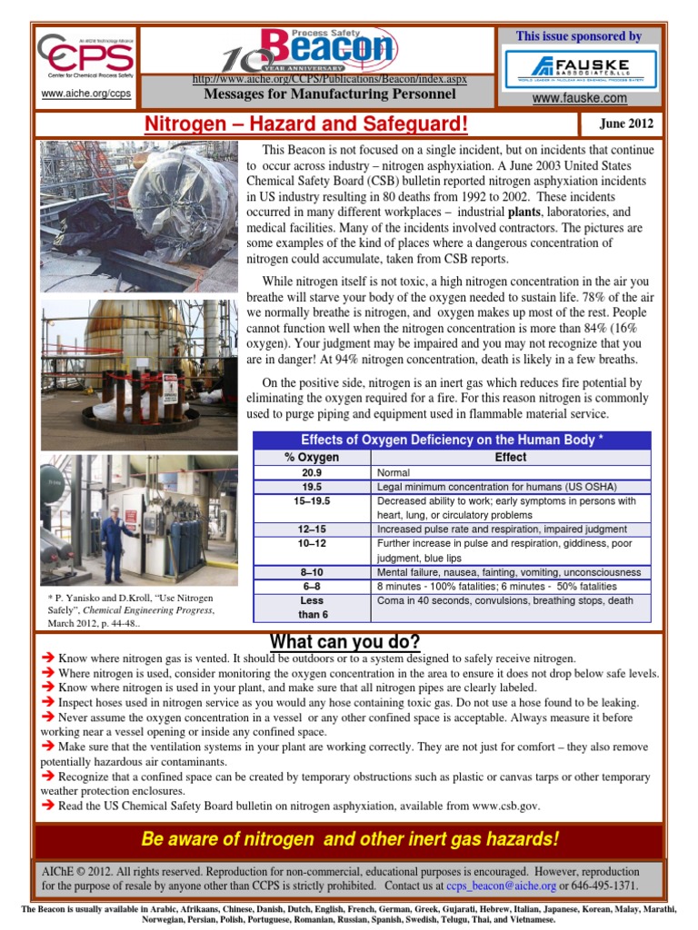 2012-06 Safety Beacon - Nitrogen Hazards | PDF | Nitrogen | Oxygen