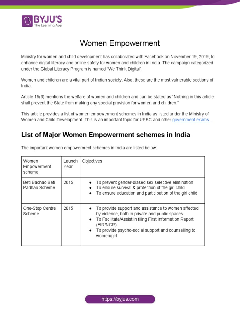 Women Empowerment: List of Major Women Empowerment Schemes in India | PDF | Empowerment | Violence