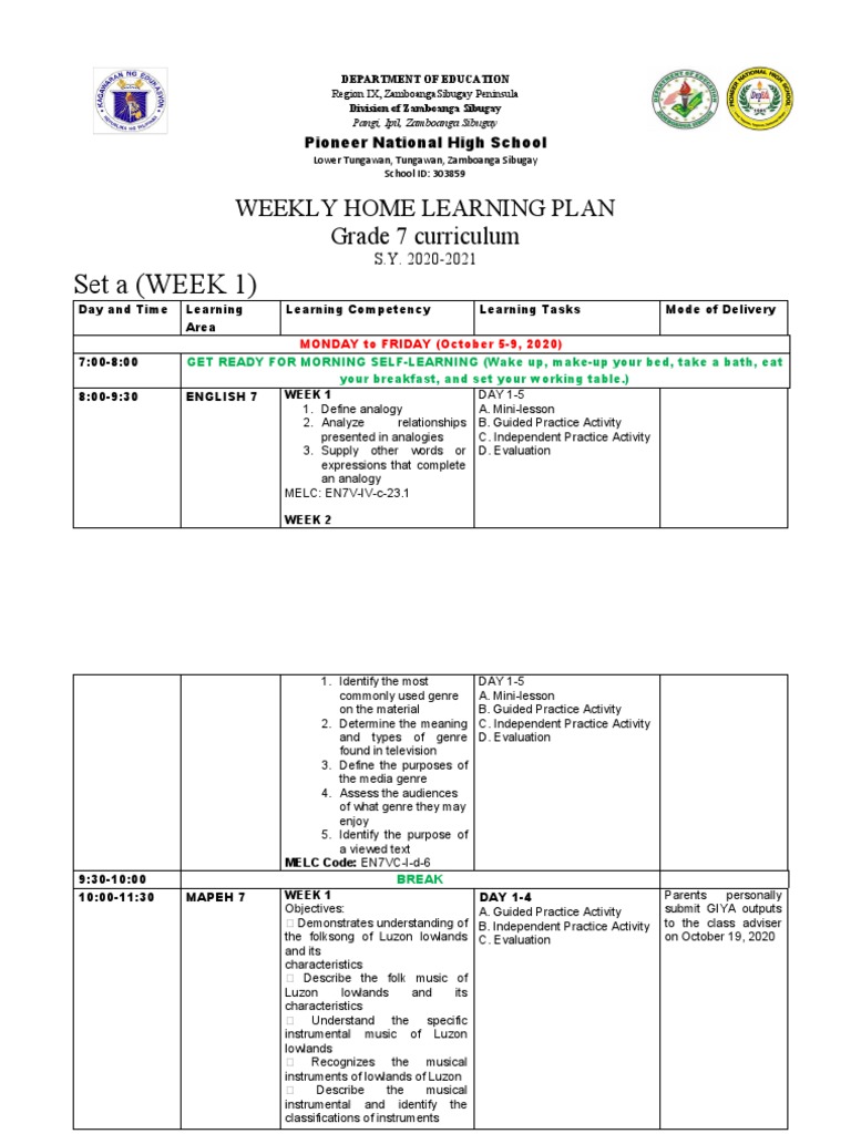 Set A (WEEK 1) : Weekly Home Learning Plan Grade 7 Curriculum | PDF ...