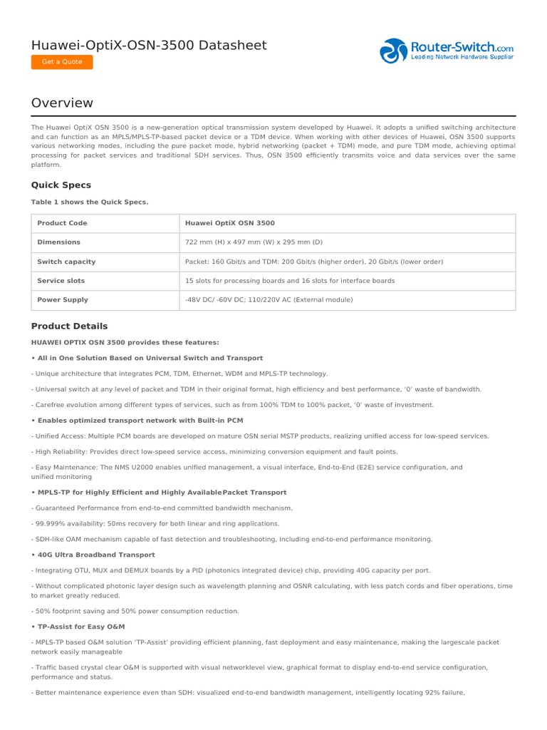 Huawei Optix Osn 3500 Datasheet | PDF | Wavelength Division ...