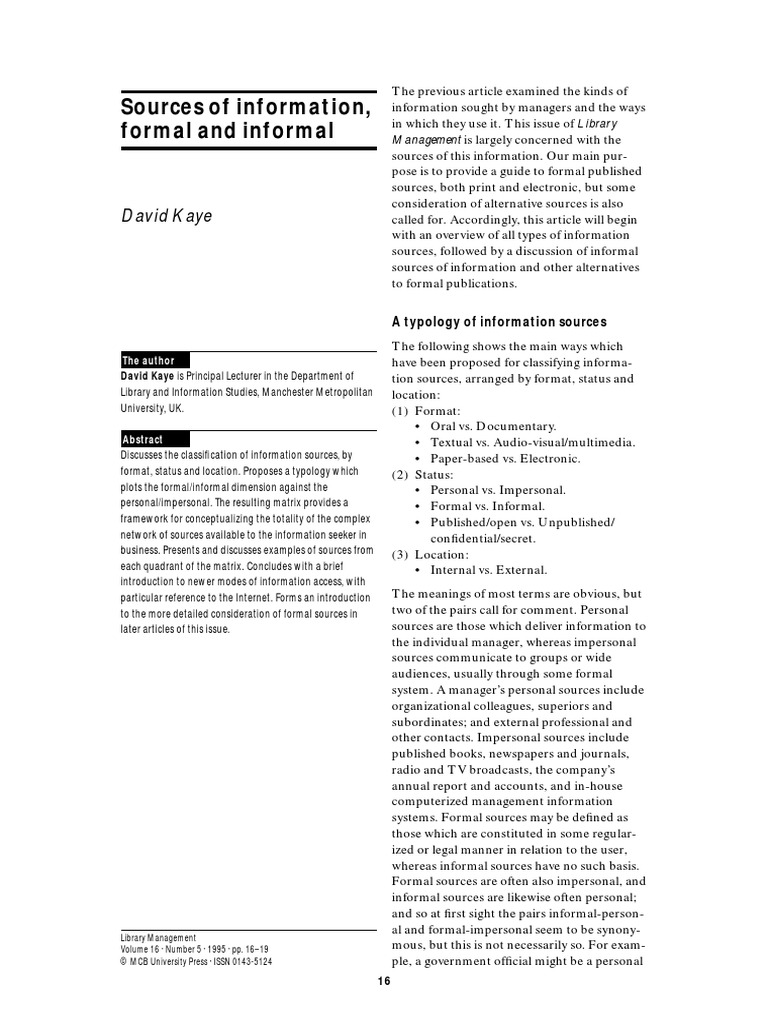 Sources of Information, Formal and Informal: David Kaye | PDF ...