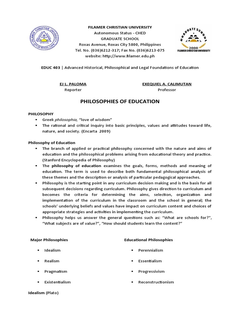 ED 403 Philosophy of Education Handout Ej Paloma | PDF | Philosophy Of ...