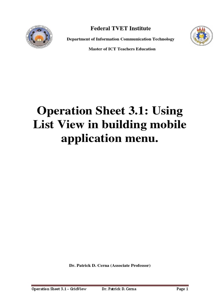 Operation Sheet 3.1: Using List View in Building Mobile Application Menu | PDF | Android ...