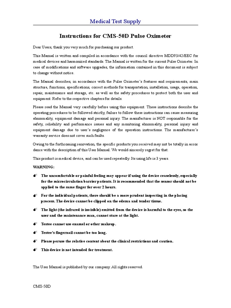 Instructions For CMS-50D Pulse Oximeter | PDF | Nature