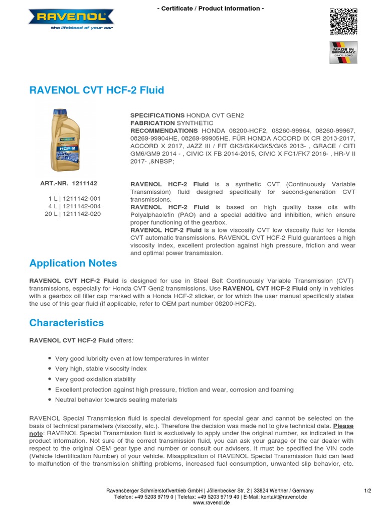 RAVENOL CVT HCF-2 Fluid Overview | PDF | Transmission (Mechanics ...