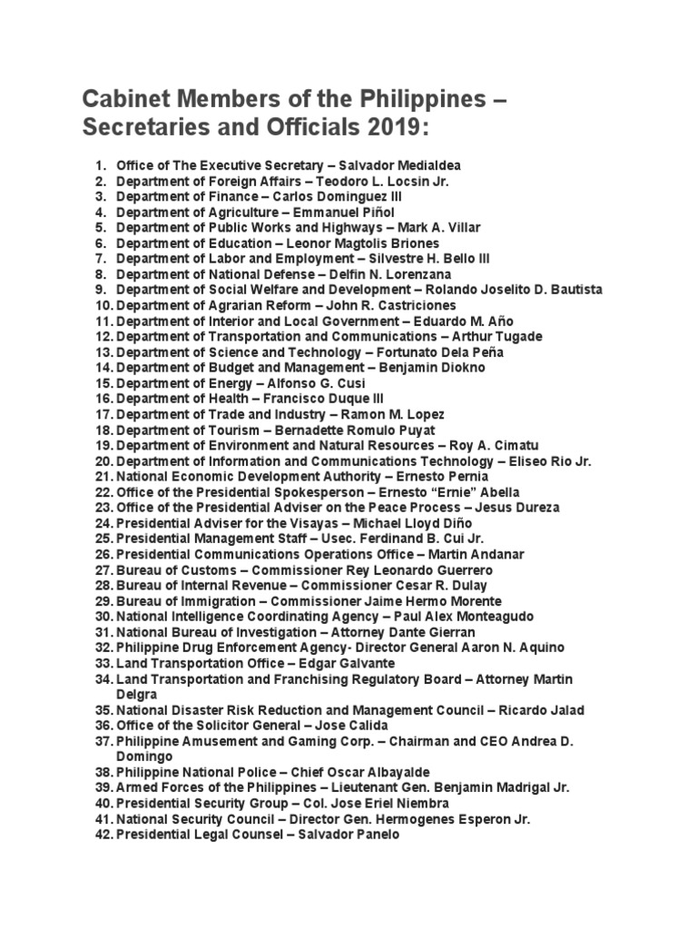 Philippine Cabinet Members 2019 List | PDF | Philippines | Government