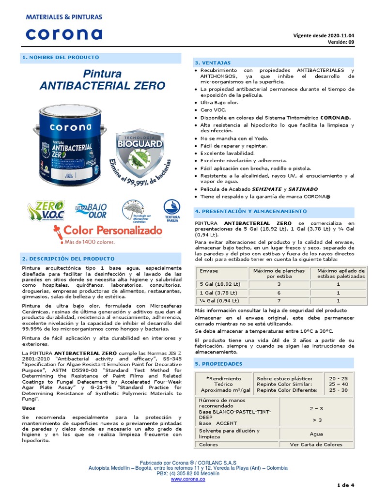 Ficha Tecnica Pintura Antibacterial Zero | PDF