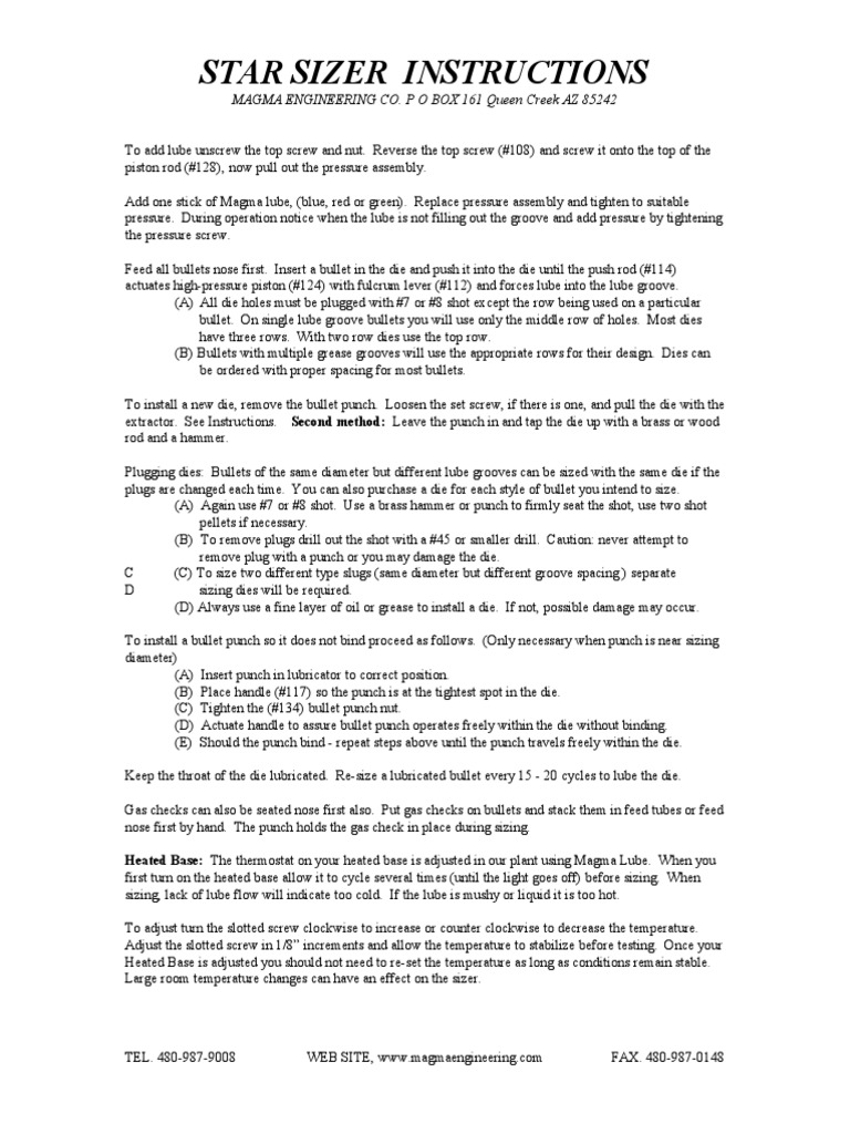 Star Sizer Instructions: Magma Engineering Co. P O Box 161 Queen Creek ...