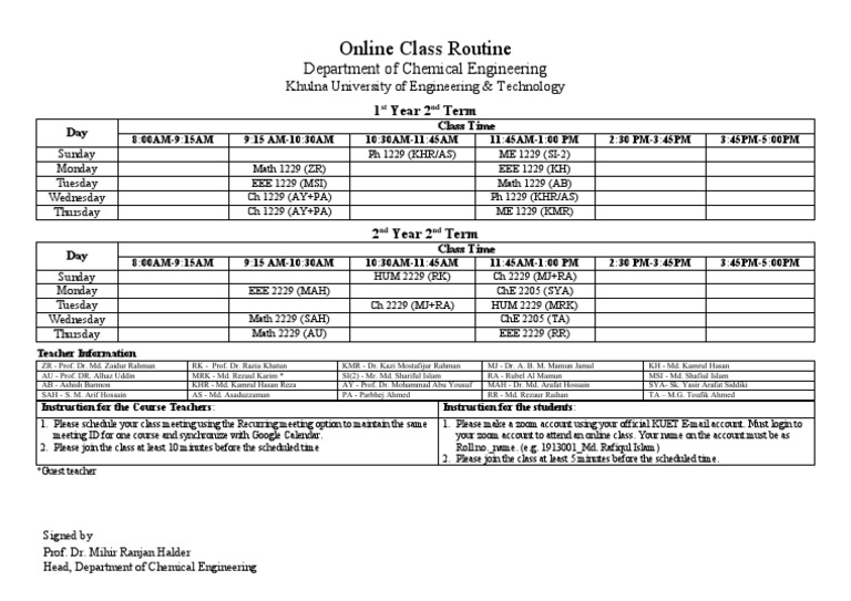 Online Class Routine: Department of Chemical Engineering | PDF