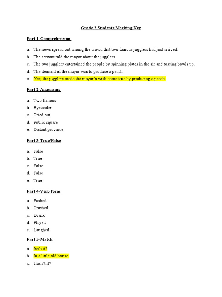 Grade 3 Students Marking Key Part 1-Comprehension | PDF | Rubric ...