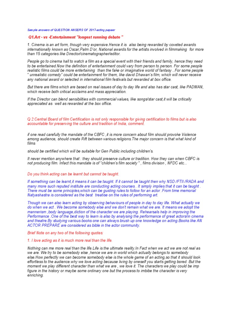 2017 Acting Paper Sample Answers | PDF | Entertainment Award | Cinema