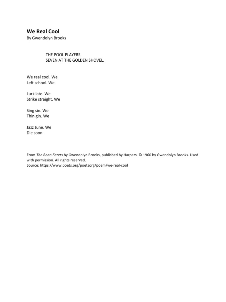 We Real Cool (Gwendolyn Brooks) PDF | PDF