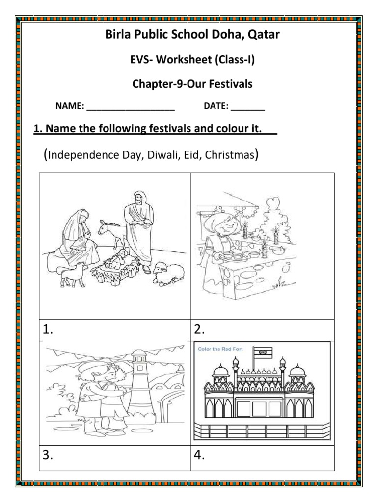 Festivals Worksheet for Class 1 | PDF