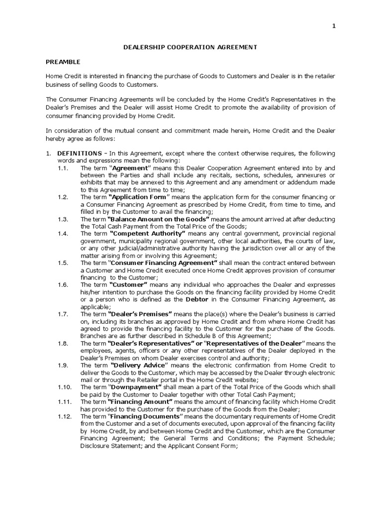 Dealership Cooperation Agreement Preamble | PDF | Credit | Finance ...