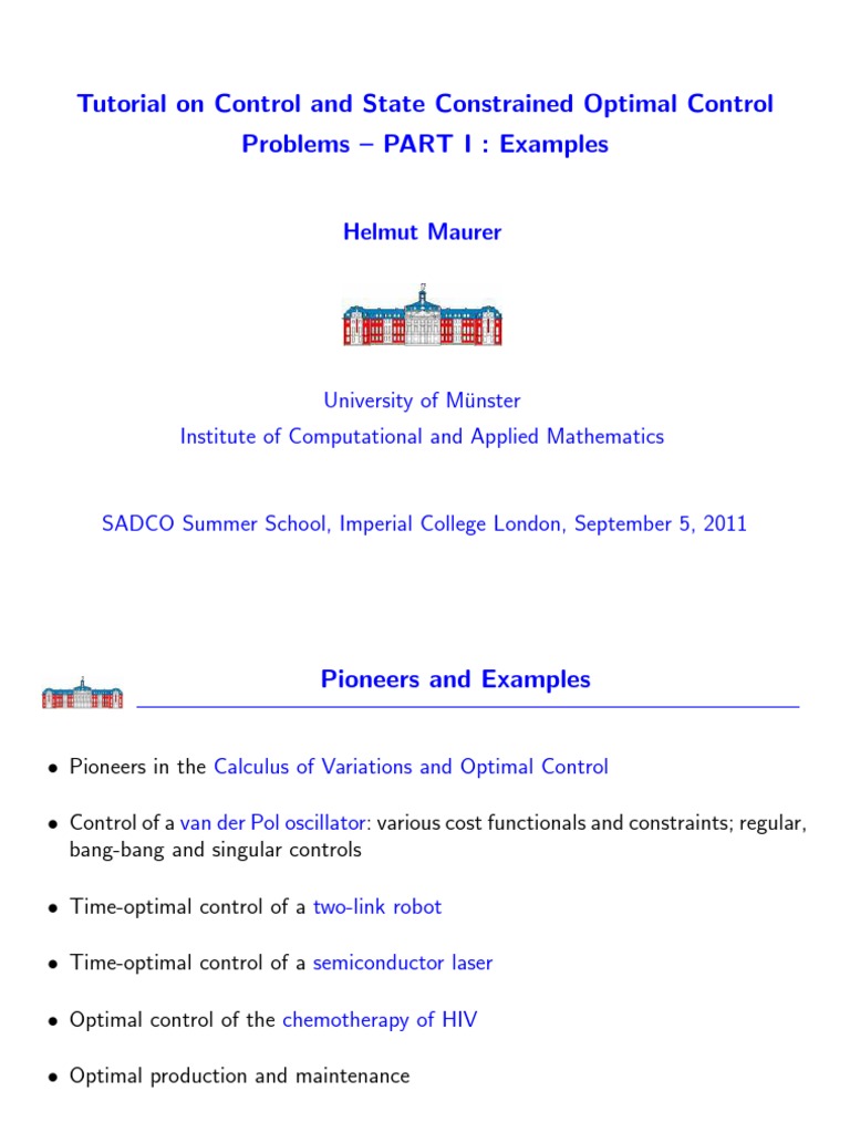 Tutorial On Control and State Constrained Optimal Control Problems - PART I: Examples | PDF ...