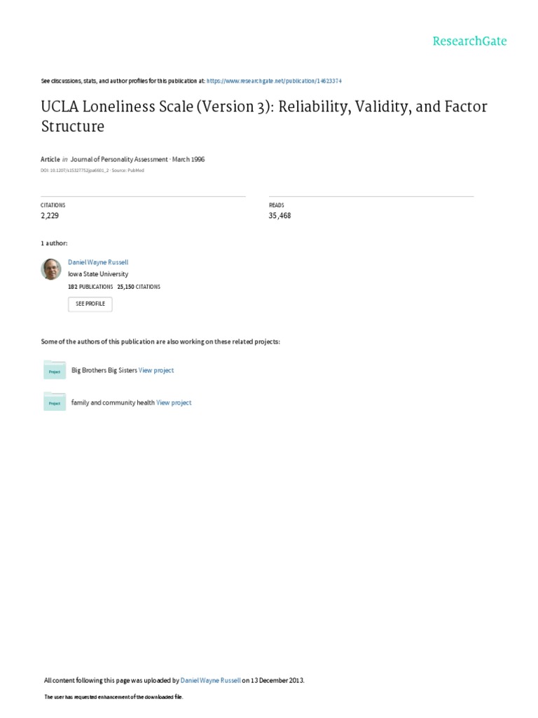UCLA Loneliness Scale (Version 3) : Reliability, Validity, and Factor ...