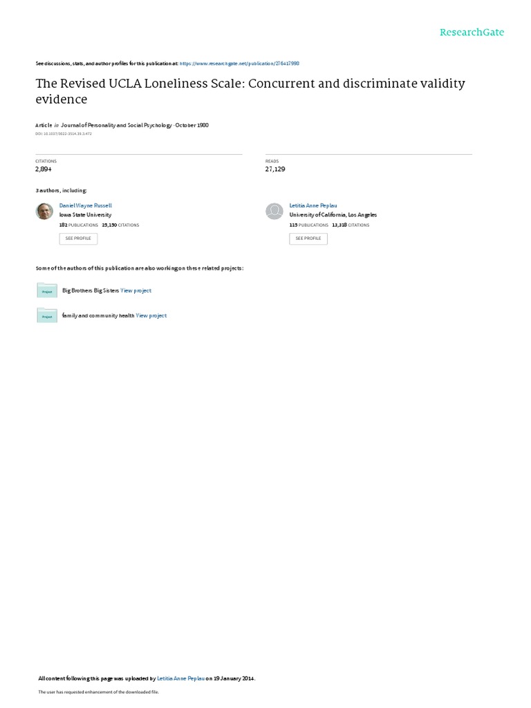 The Revised UCLALoneliness Scale | PDF | Loneliness | Validity (Statistics)