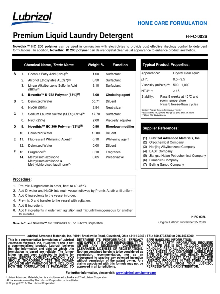 Premium Liquid Laundry Detergent: Home Care Formulation | PDF ...