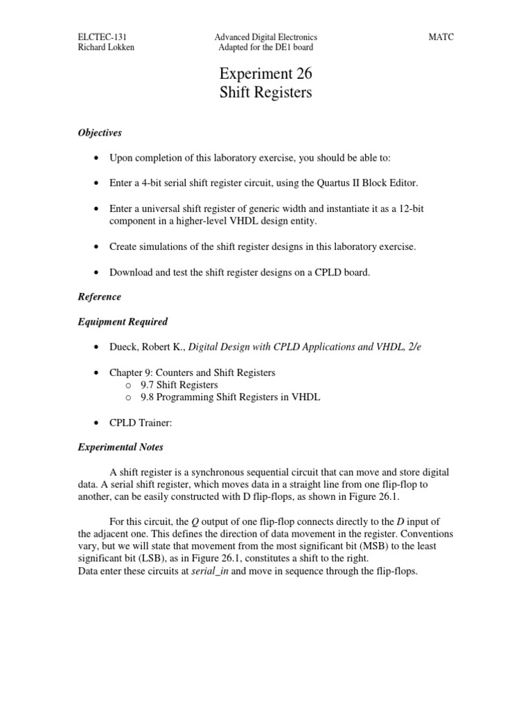Experiment 26 Shift Registers: Objectives | PDF | Vhdl | Digital ...
